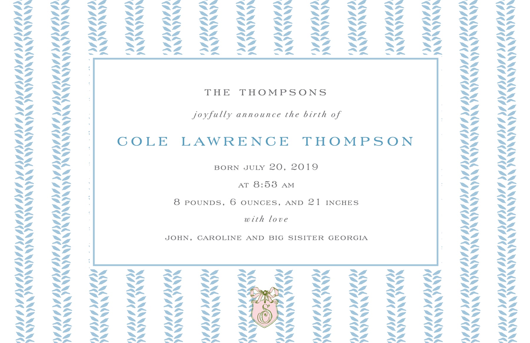 Blue Leaf Border Birth Announcement – Sweet Caroline Designs