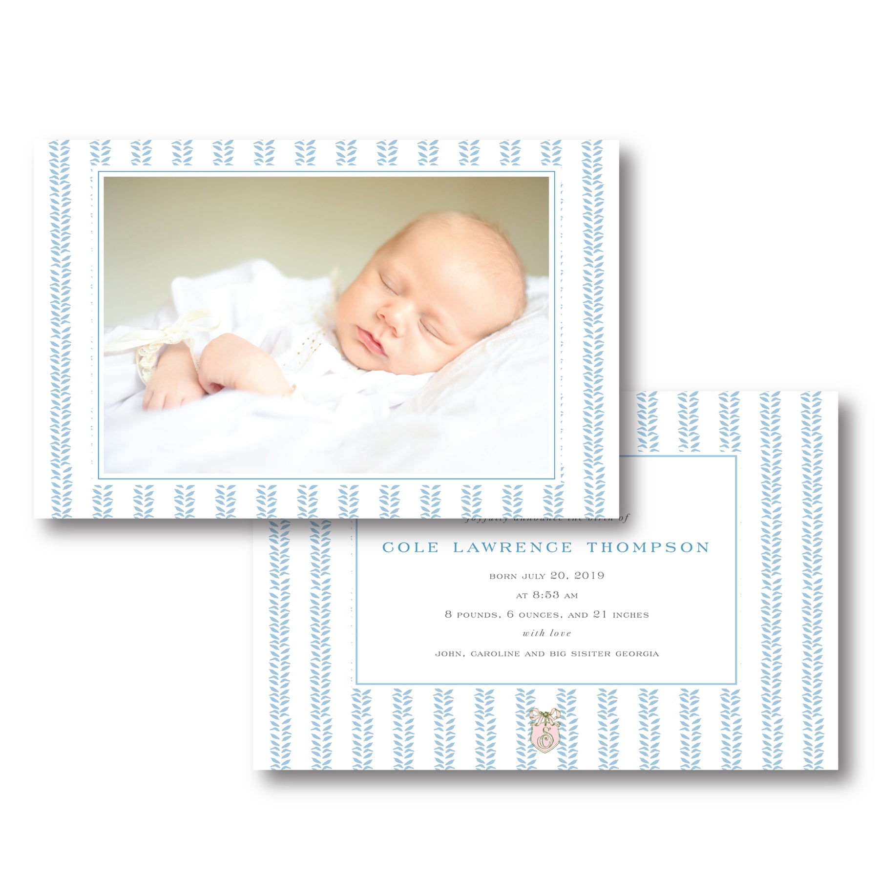 Blue Leaf Border Birth Announcement – Sweet Caroline Designs