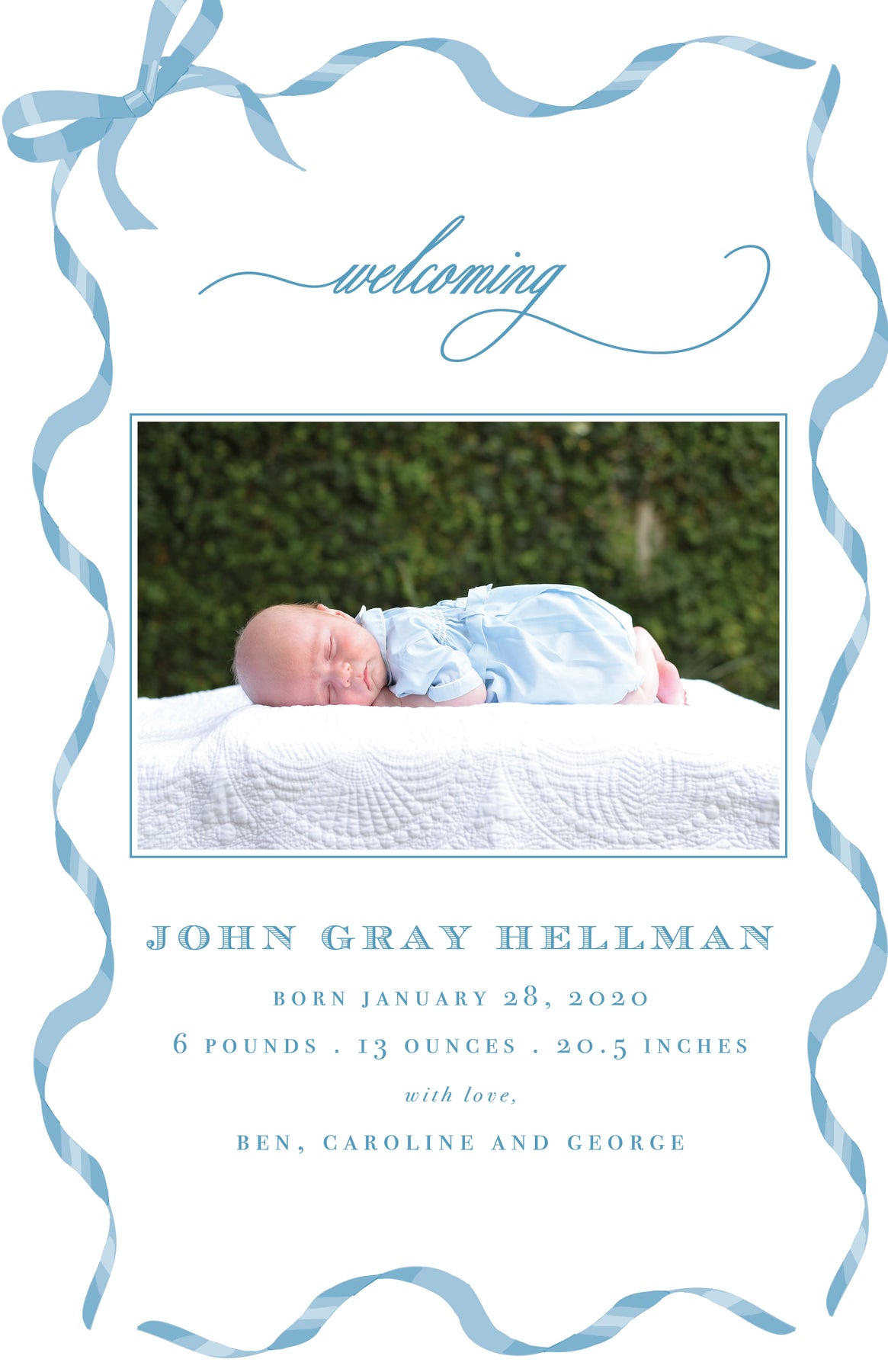 Blue Ribbon Birth Announcement - Portrait – Sweet Caroline Designs