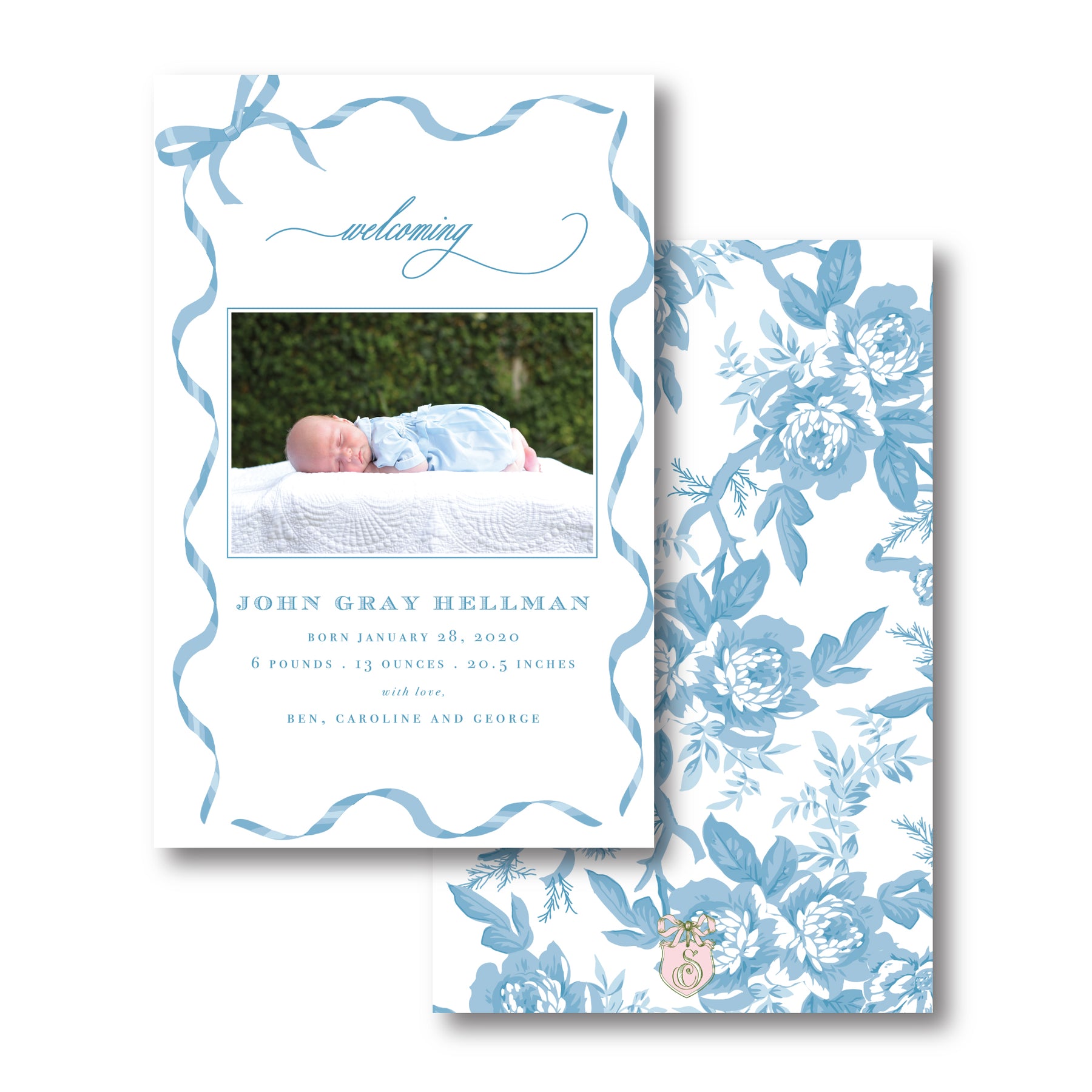Blue Ribbon Birth Announcement - Portrait – Sweet Caroline Designs